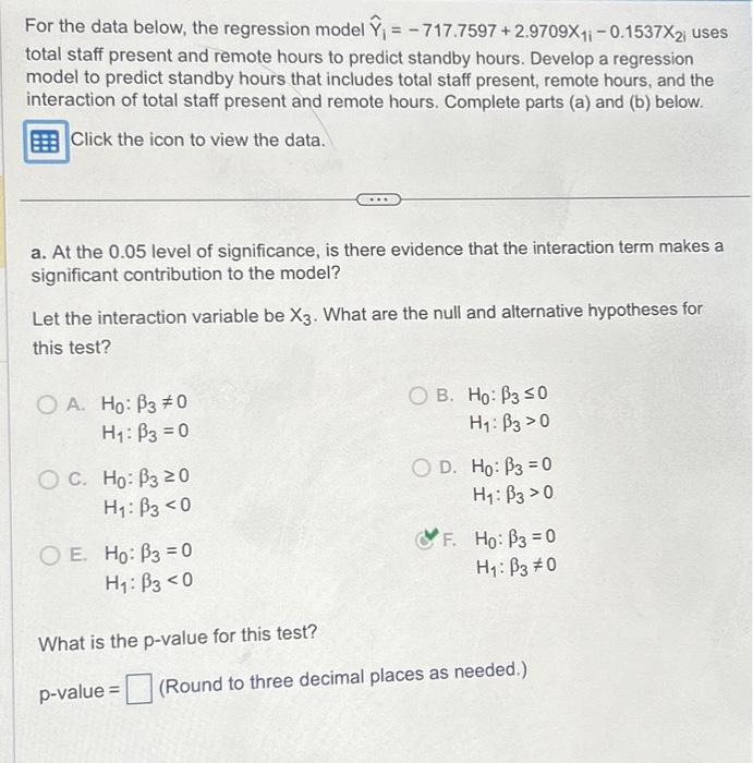 Solved For the data below, the regression model | Chegg.com