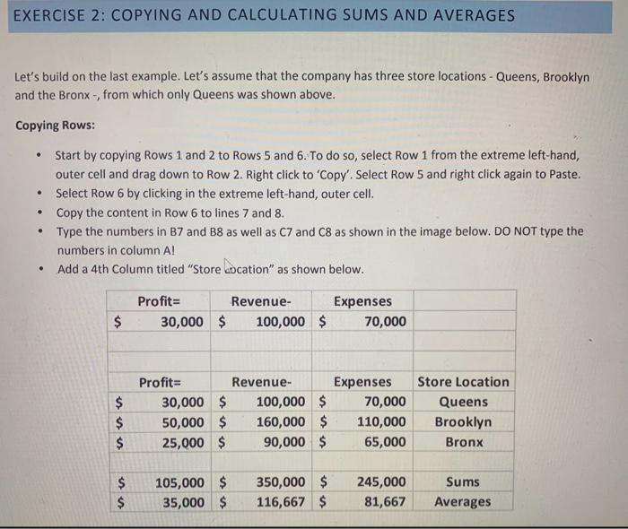 EXERCISE 2: COPYING AND CALCULATING SUMS AND AVERAGES | Chegg.com