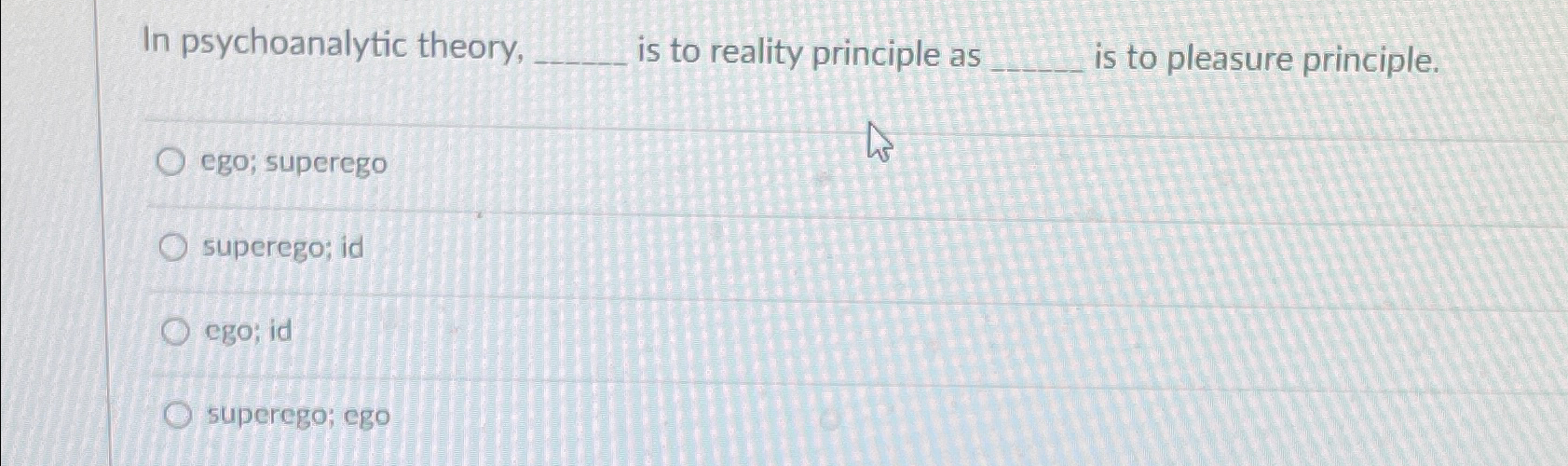 Solved In psychoanalytic theory, ﻿is to reality principle | Chegg.com