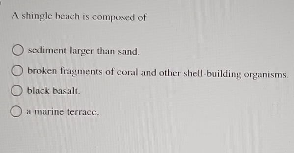 Solved A shingle beach is composed ofsediment larger than | Chegg.com
