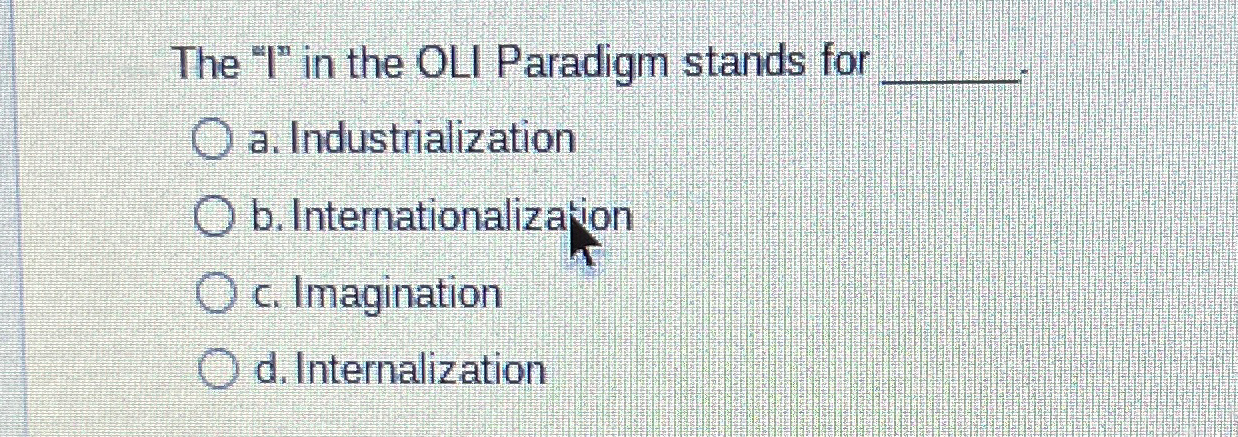 Solved The "I" in the OLI Paradigm stands fora. | Chegg.com