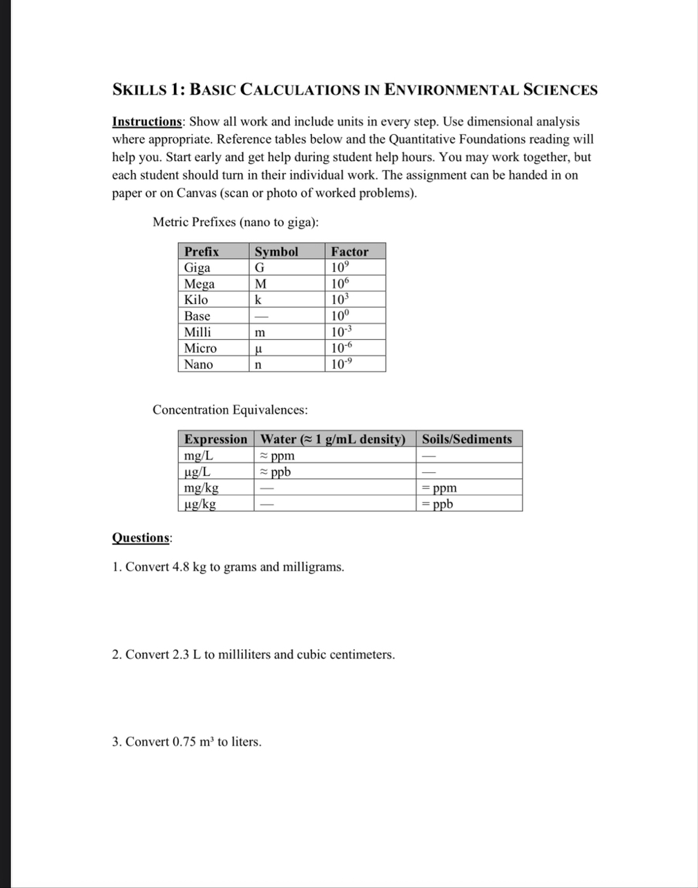Solved Skills 1: Basic Calculations in Environmental | Chegg.com
