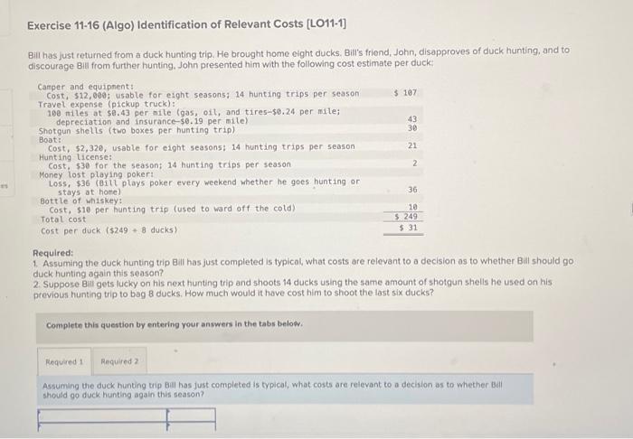 Solved Exercise 11-16 (Algo) Identification of Relevant | Chegg.com