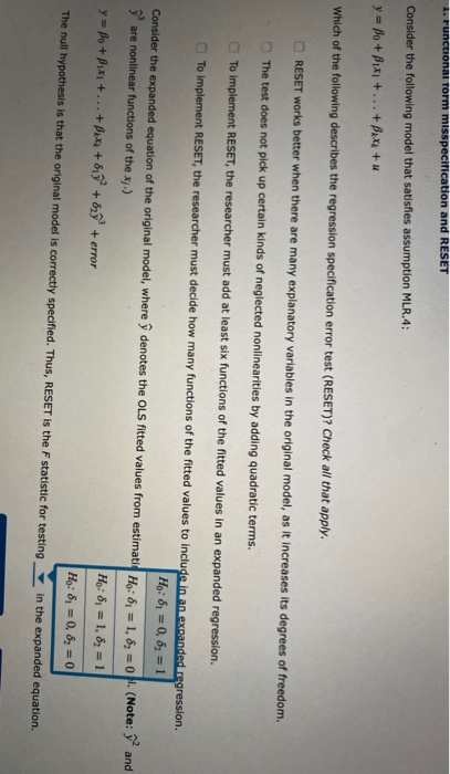 1. Functional form misspecification and RESET | Chegg.com