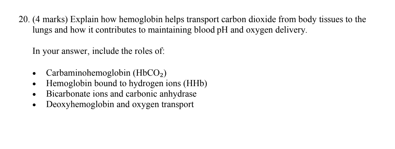Solved 20. (4 ﻿marks) ﻿Explain how hemoglobin helps | Chegg.com