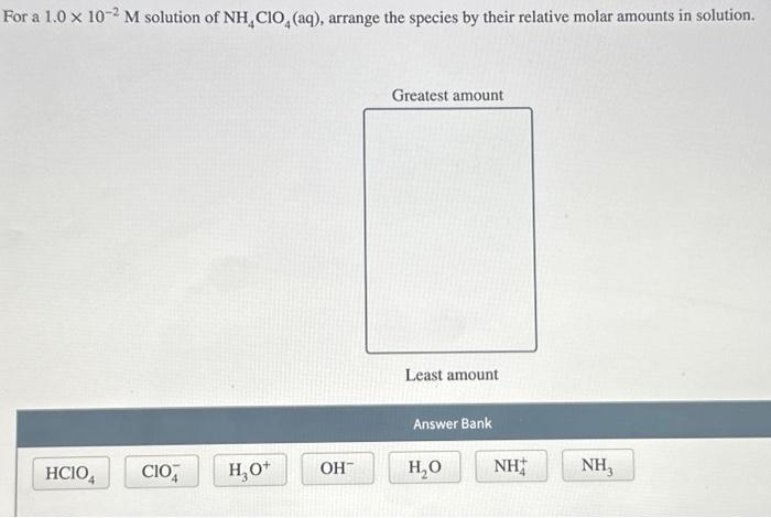 Solved For a 1.0×10−2M solution of NH4ClO4(aq), arrange the | Chegg.com