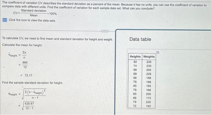 Solved I need help with the standard deviation for height, | Chegg.com