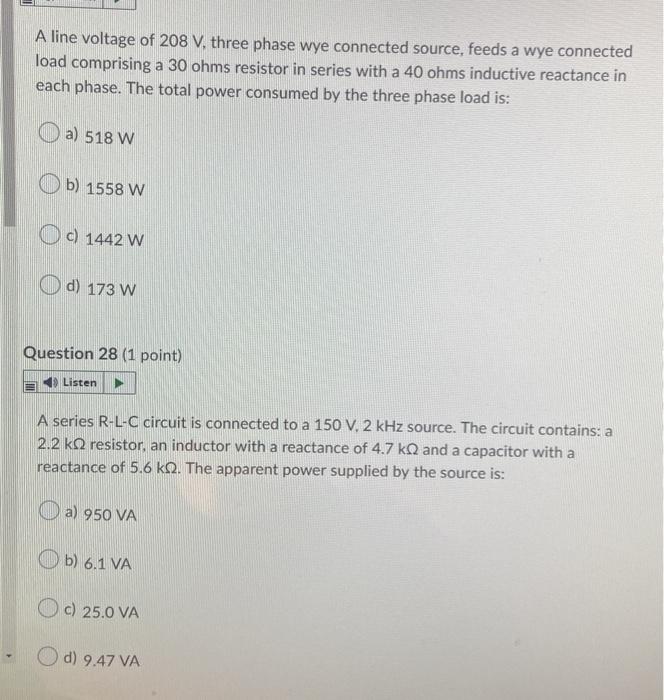 Solved A line voltage of 208 V, three phase wye connected | Chegg.com
