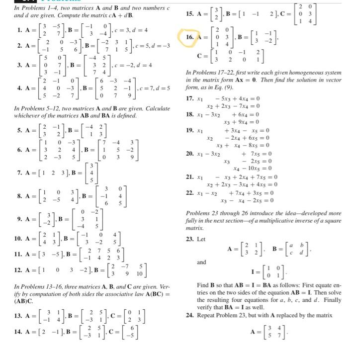 Solved In Problems I-4, two matrices A and B and two numbers | Chegg.com