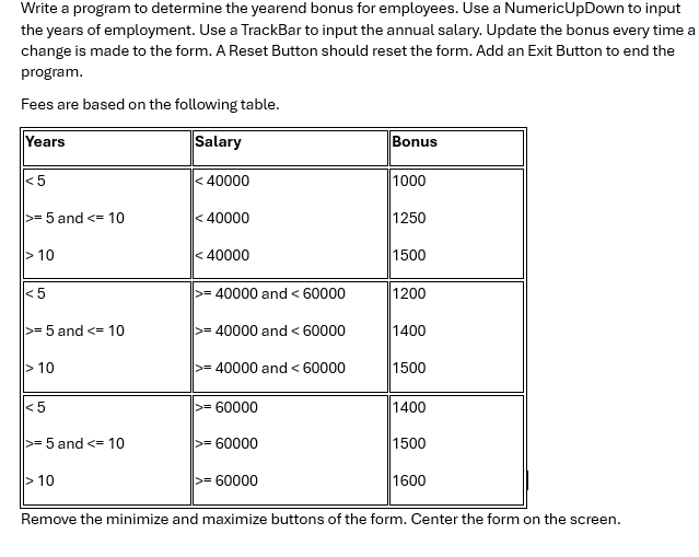 Write a program to determine the yearend bonus for | Chegg.com