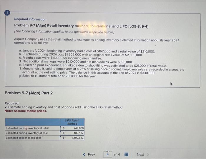 Solved Required information Problem 9-7 (Algo) Retail | Chegg.com