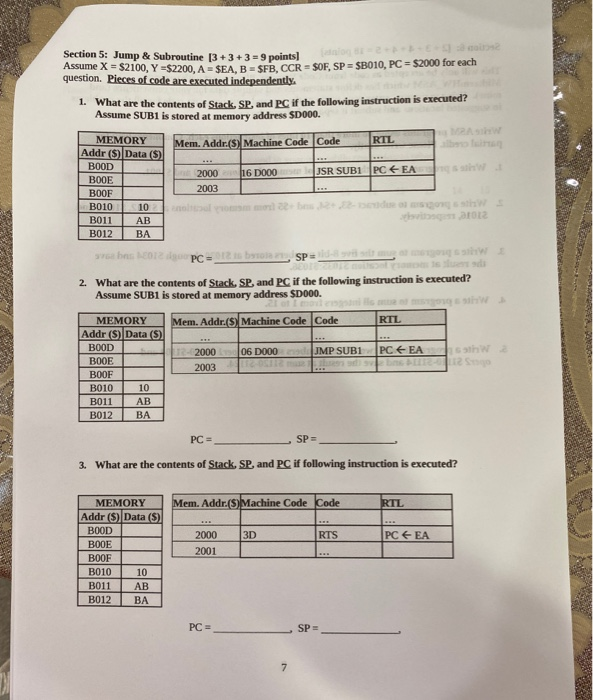Section 5 Jump And Subroutine [3 3 3 9 Points] Assume
