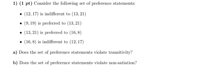 Solved 1) (1 pt) Consider the following set of preference | Chegg.com