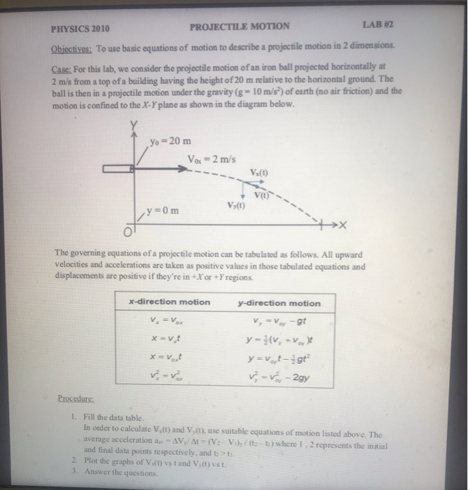 Solved PHYSICS 2010 PROJECTILE MOTION LAB #2 Objectives: To | Chegg.com