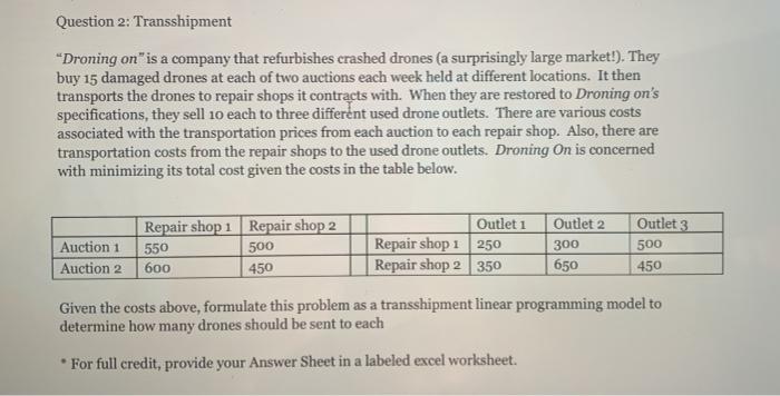 Solved Question 2: Transshipment Droning on" is a company | Chegg.com