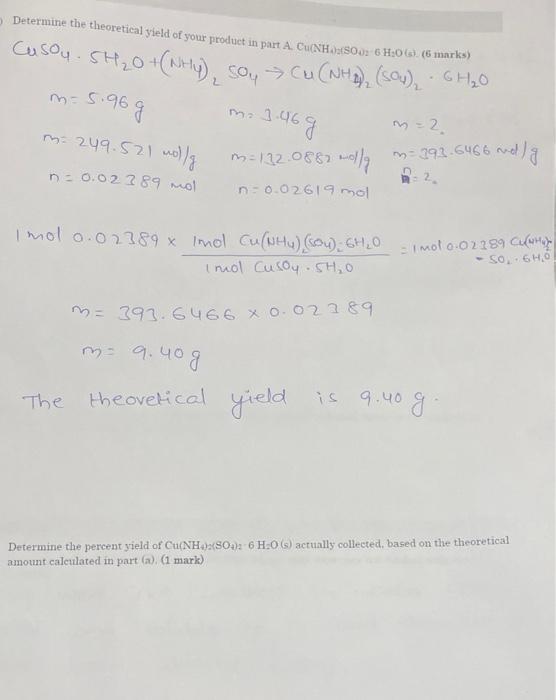 Solved Determine the percent yield of Cu(NH4)2(SO4)2.6H2O | Chegg.com