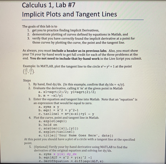 Calculus 1, Lab #7 Implicit Plots and Tangent Lines | Chegg.com