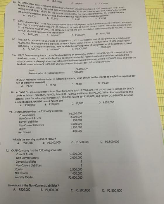 Solved 66. DUMAR Corporation D. 7,5 times amount of unreali. | Chegg.com