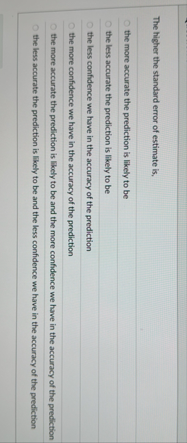 Solved The higher the standard error of estimate is,the more | Chegg.com
