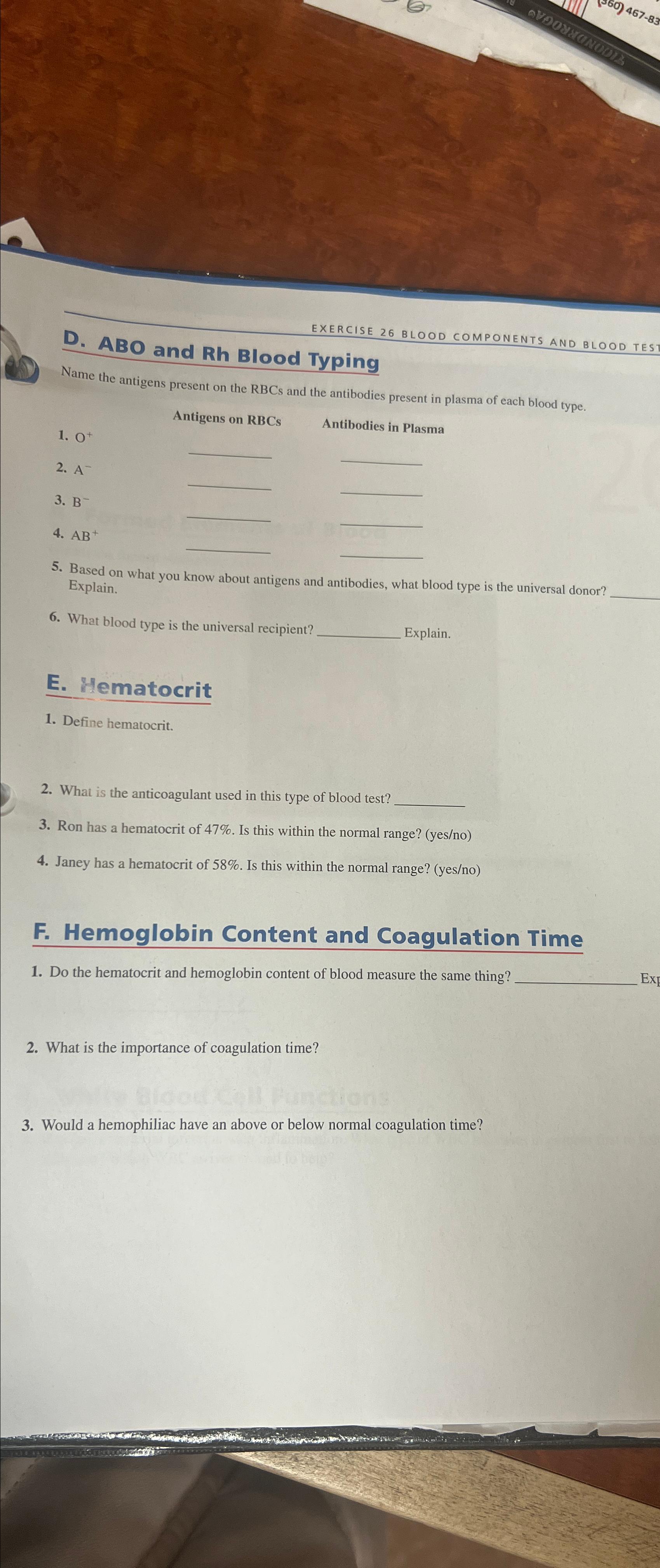 Solved EXERCISE 26 ﻿BLOOD COMPONENTS AND BLOOD TESD. ﻿ABO | Chegg.com