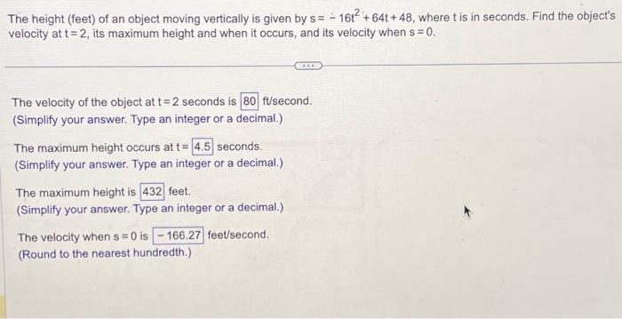 Solved The height (feet) of an object moving vertically is | Chegg.com