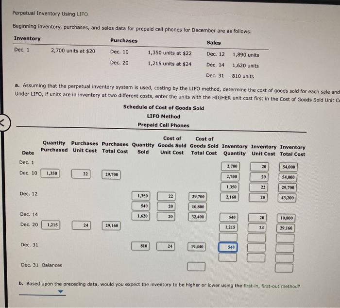Solved Perpetual Inventory Using LIFO Beginning inventory, | Chegg.com