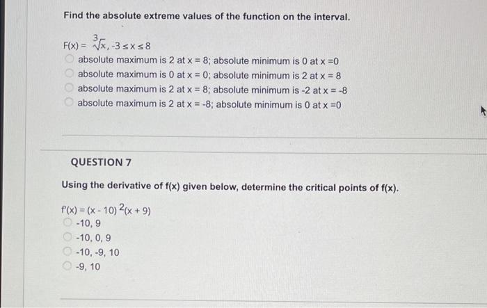 Solved Find the absolute extreme values of the function on | Chegg.com