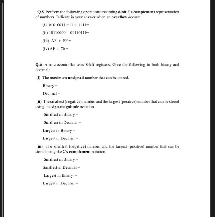 Solved Q.5. Perform the following operations assuming 8-bit | Chegg.com