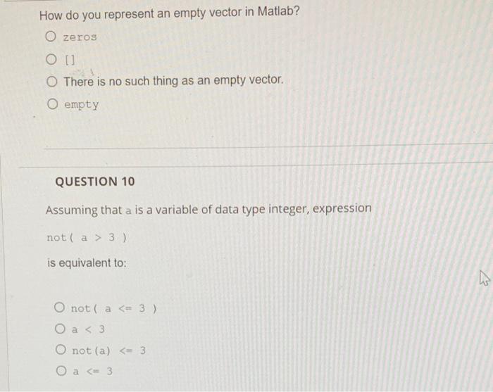 Solved How do you represent an empty vector in Matlab? O | Chegg.com