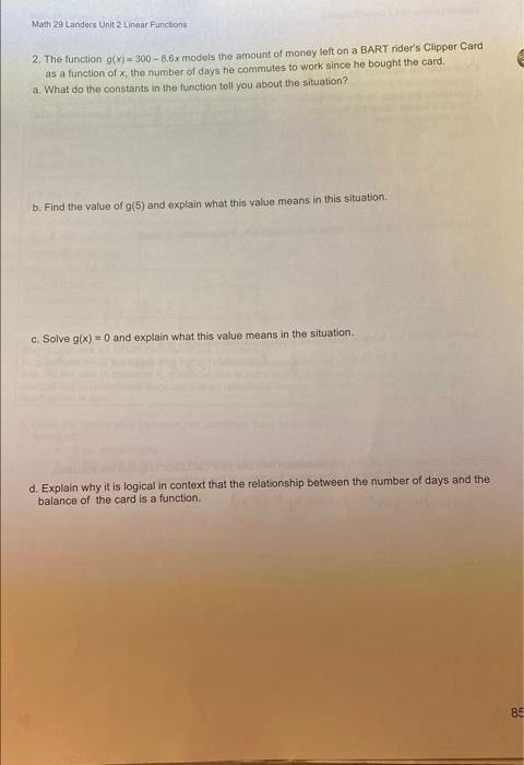 Solved Math 29 Landers Unit 2 Linear Functions 2. The | Chegg.com