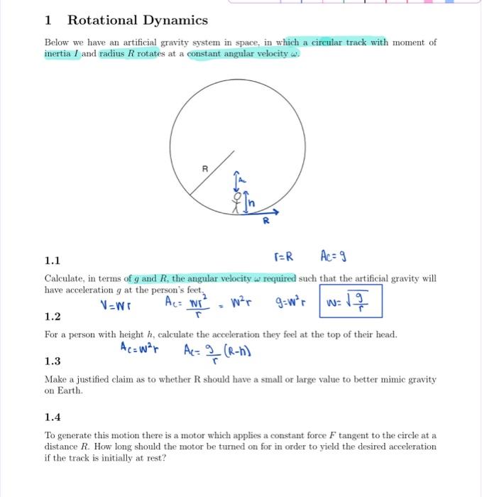 Solved 1 Rotational Dynamics Below we have an artificial | Chegg.com