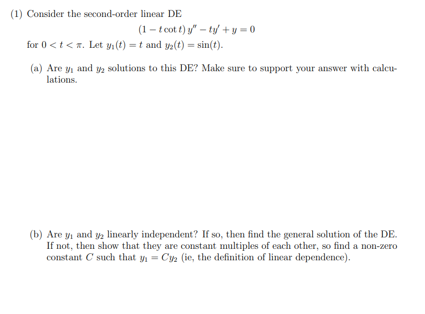 Solved (1) ﻿Consider the second-order linear | Chegg.com