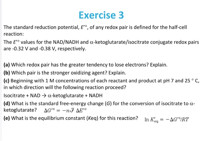 Solved Exercise 3 The standard reduction potential, E'o, of | Chegg.com