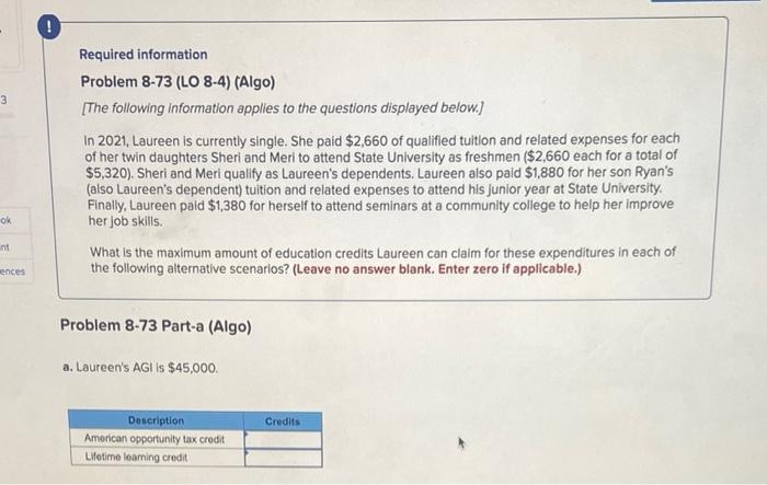 Solved ! 3 Required information Problem 8-73 (LO 8-4) (Algo) | Chegg.com