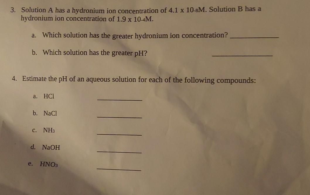Solved 3. Solution A has a hydronium ion concentration of | Chegg.com
