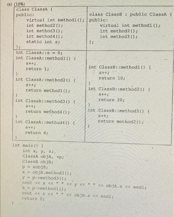 Solved (e) (10%) class ClassA I public: class Classe: public | Chegg.com