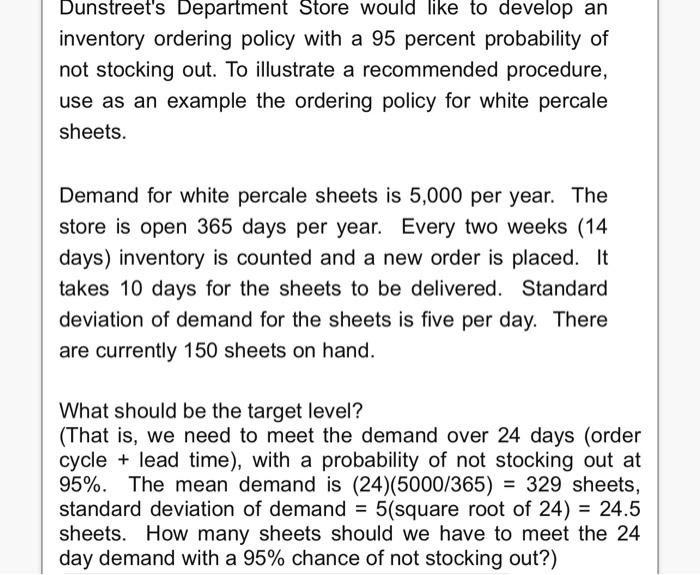 Solved Dunstreet's Department Store would like to develop an | Chegg.com