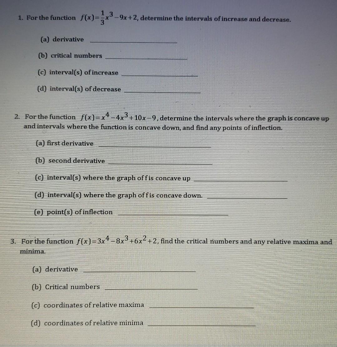 Solved 1 1. For the function f(x)=3x3-9x+2, determine the | Chegg.com
