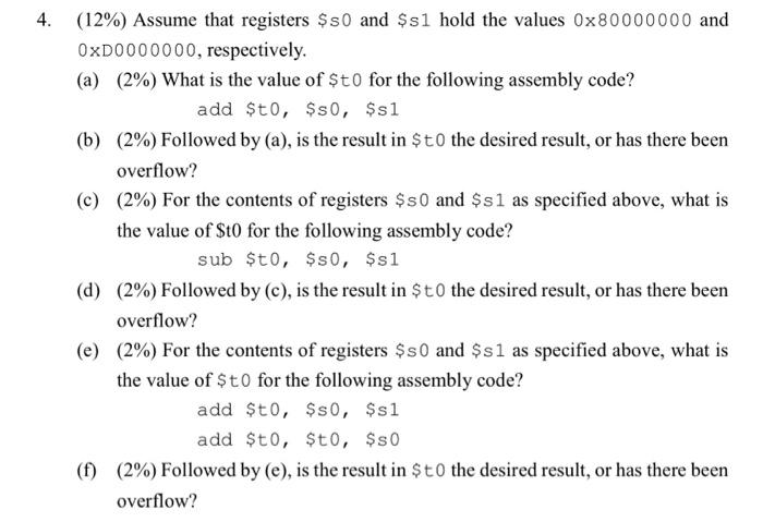 Solved 4. (12%) Assume that registers $s0 and $s1 hold the | Chegg.com