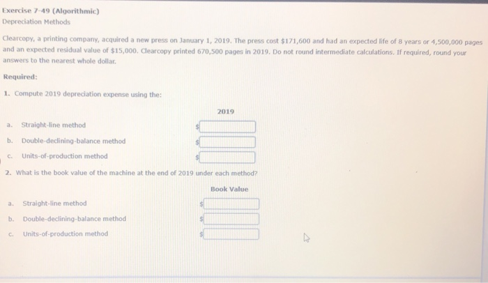 Solved Exercise 7-49 (Algorithmic) Depreciation Methods | Chegg.com