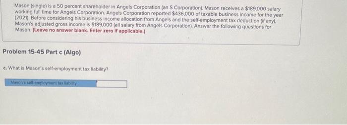 Solved Mason (single) is a 50 percent shareholder in Angels | Chegg.com
