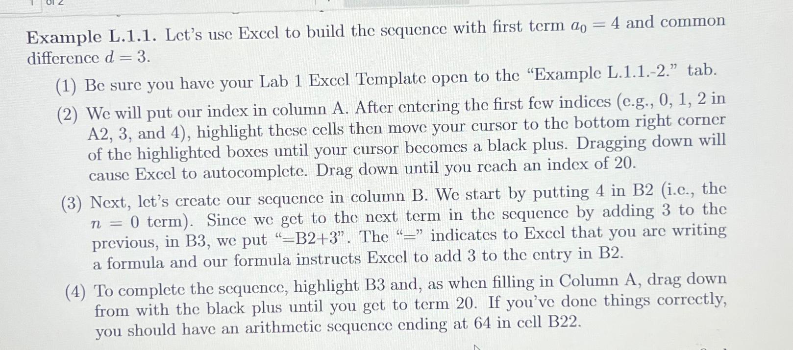 Solved Example L.1.1. ﻿Let's use Excel to build the sequence | Chegg.com