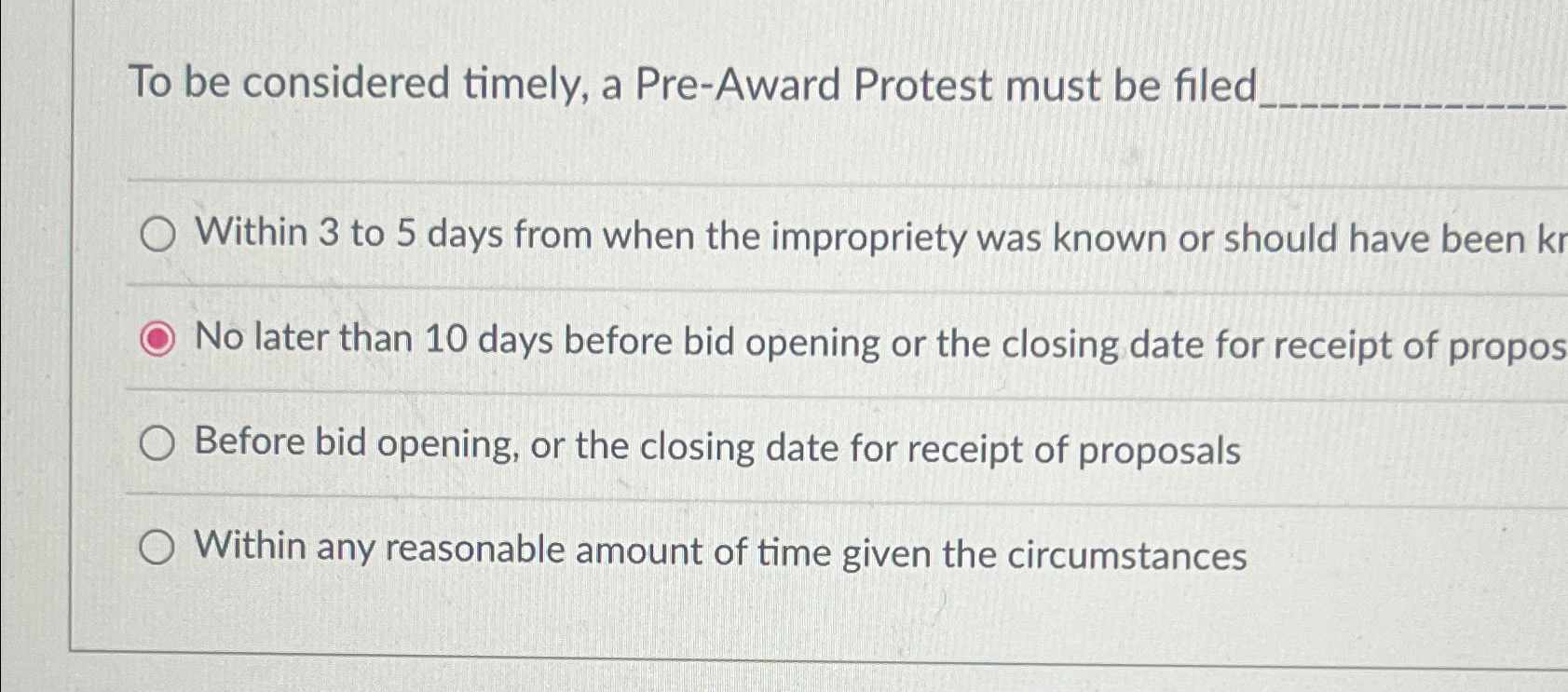 Solved To be considered timely, a Pre-Award Protest must be | Chegg.com