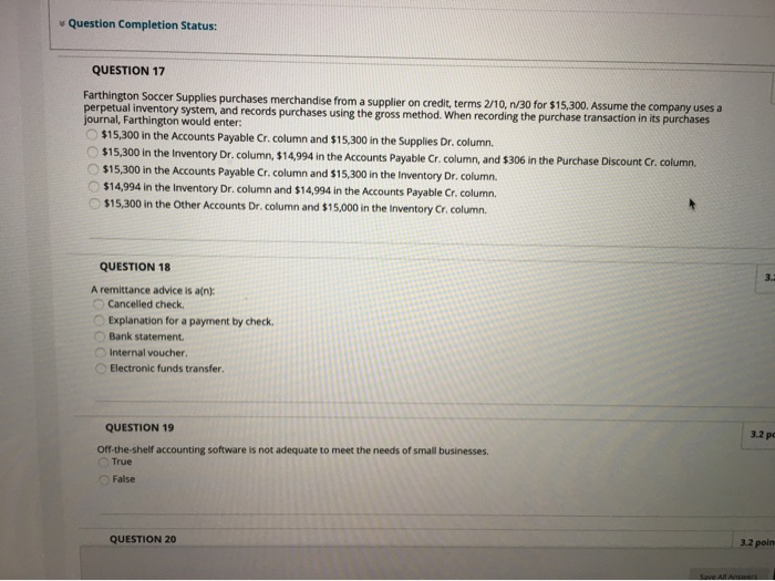 Solved Question Completion Status: QUESTION 17 Farthington | Chegg.com
