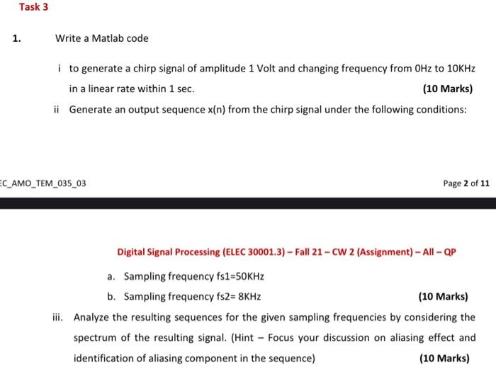 Solved Task 3 1. Write a Matlab code i to generate a chirp | Chegg.com