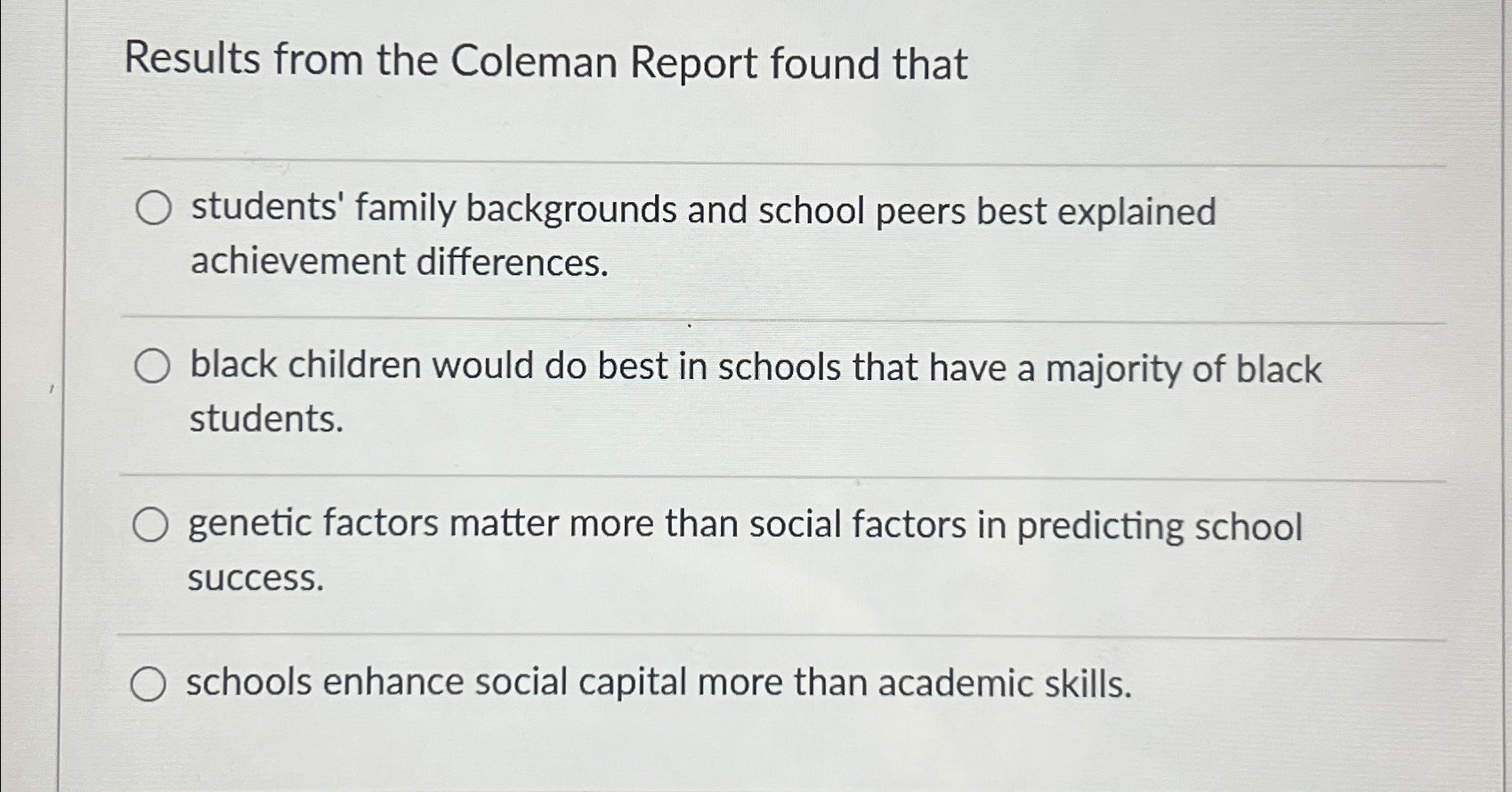 Solved Results from the Coleman Report found thatstudents' | Chegg.com