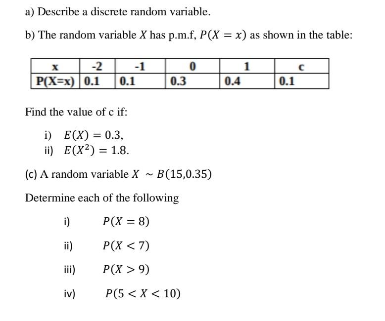 Solved a) Describe a discrete random variable. b) The random | Chegg.com