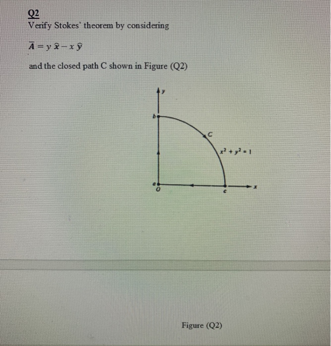 Solved Q2 Verify Stokes' theorem by considering A = yr-xỹ | Chegg.com