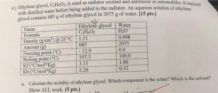 Solved 4.) Ethylene glycol, C2H602, is used as radiator | Chegg.com