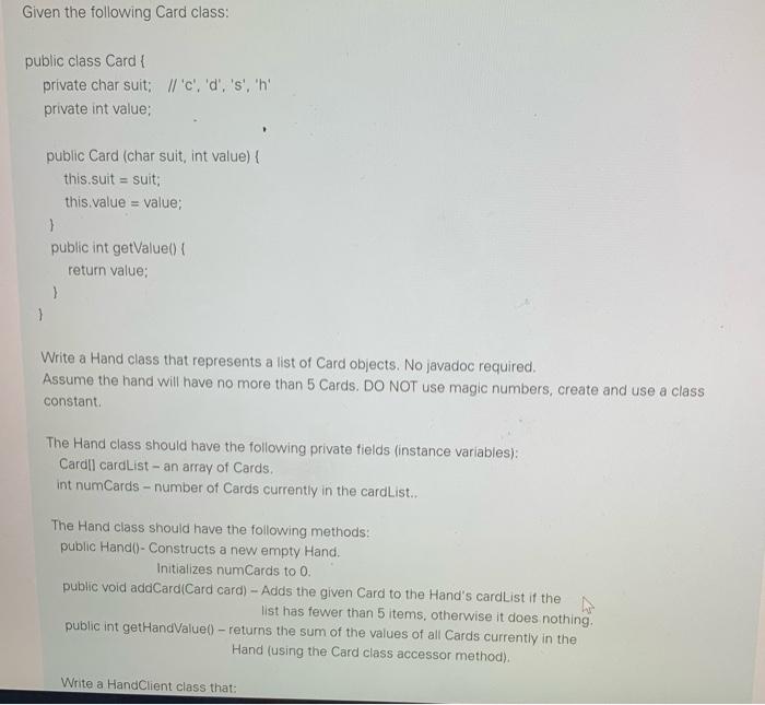 Solved public class Card \{ private char suit; //′c ', 'd', | Chegg.com